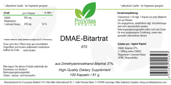 DMAE Bitartrate á 670mg 100 vegan capsules | Pro Vita AKTIV International