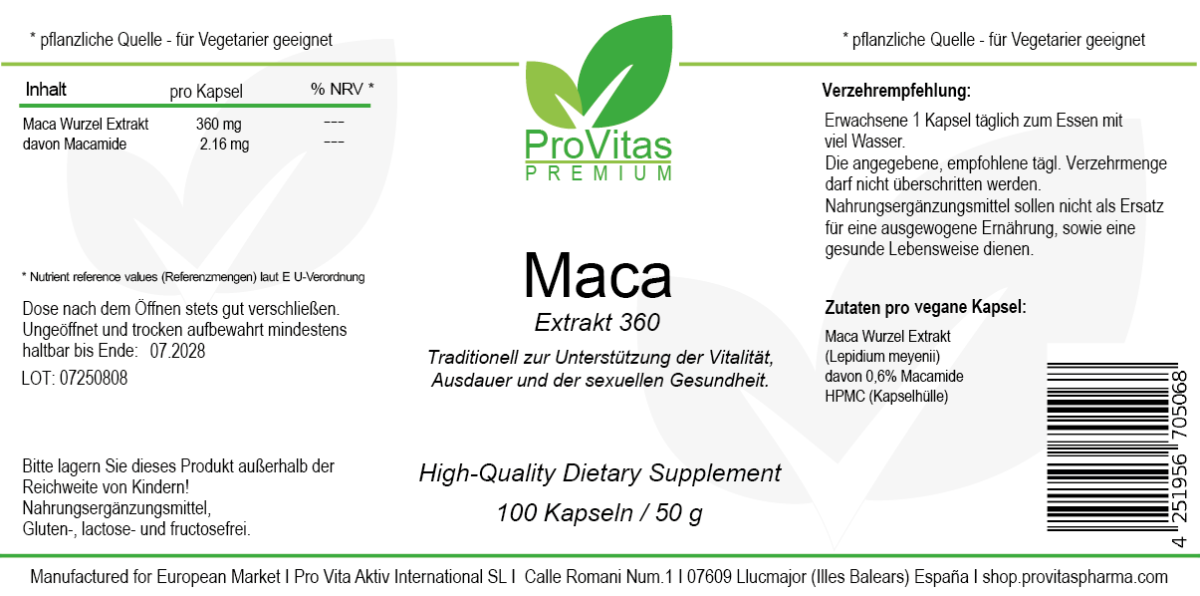 Macca Extrakt 360mg 100 Kapseln | Pro Vita AKTIV International