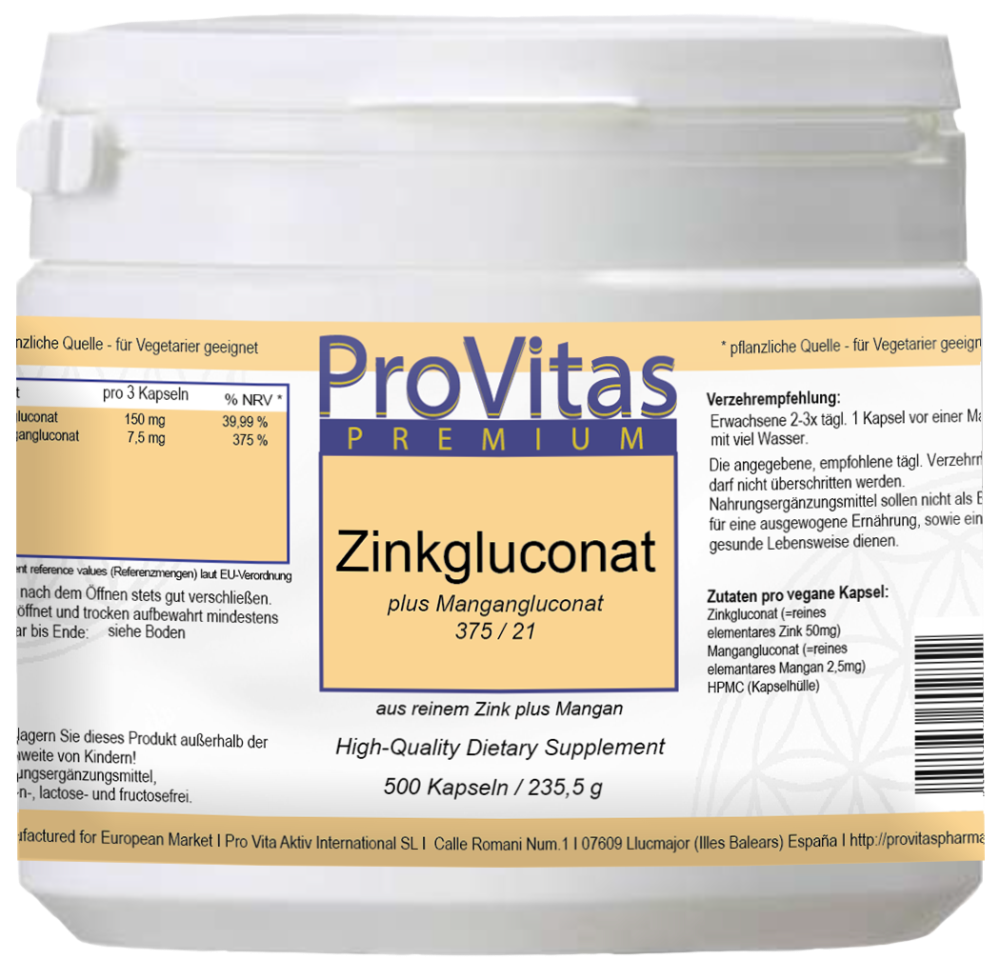 Zinc Gluconate 375 Manganese Gluconate 500 vegan capsules | Pro Vita ...