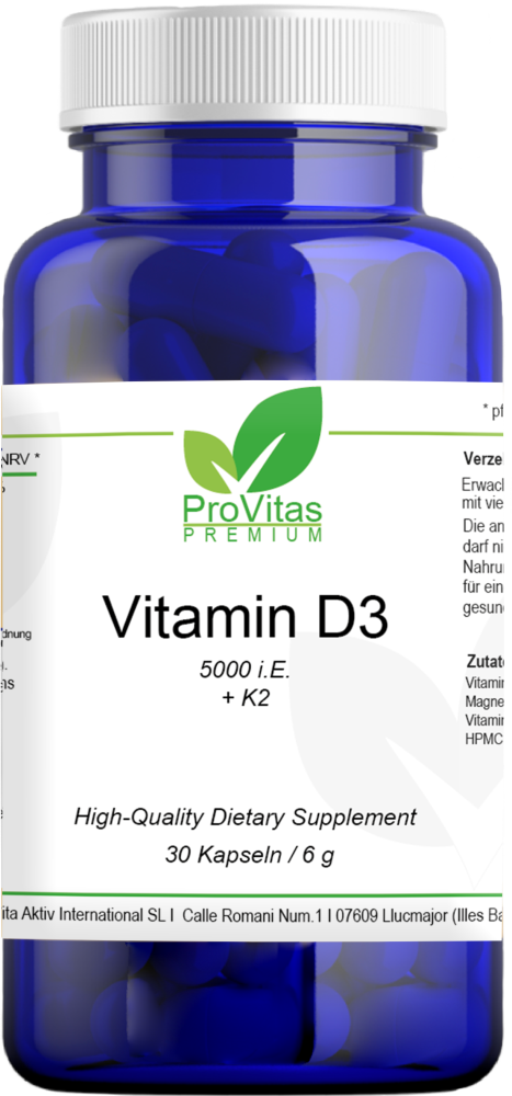 Vitamin D3 5000 iU plus Vit K2 450 mcg 30 vegan capsules | Pro Vita ...