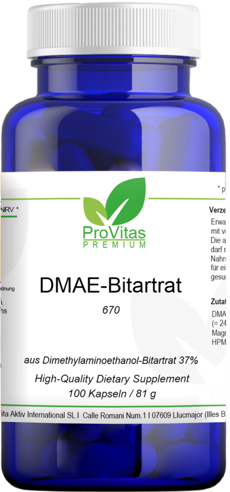 DMAE Bitartrate á 670mg 100 vegan capsules | Pro Vita AKTIV International
